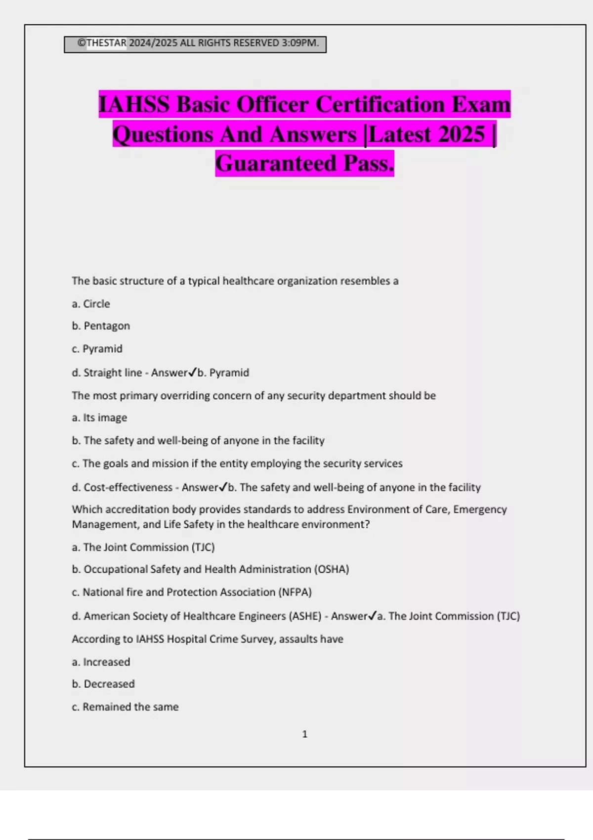 IAHSS Basic Officer Certification Exam Questions And Answers |Latest ...