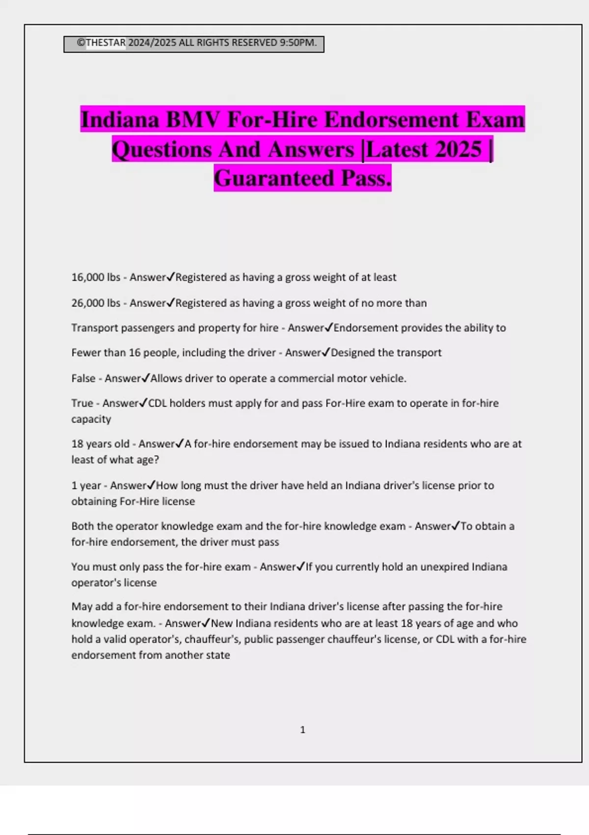 Indiana BMV For-Hire Endorsement Exam Questions And Answers |Latest ...