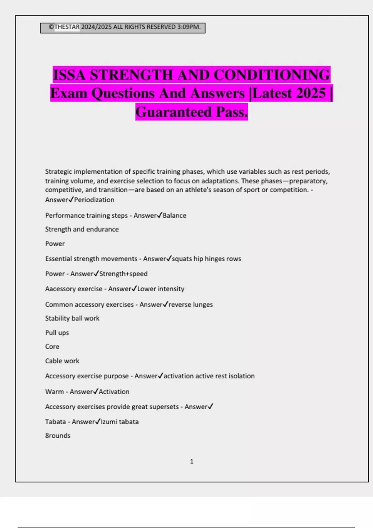 ISSA STRENGTH AND CONDITIONING Exam Questions And Answers |Latest 2025 ...