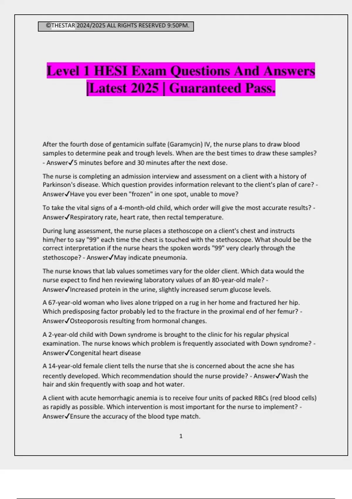 Level 1 HESI Exam Questions And Answers |Latest 2025 | Guaranteed Pass ...