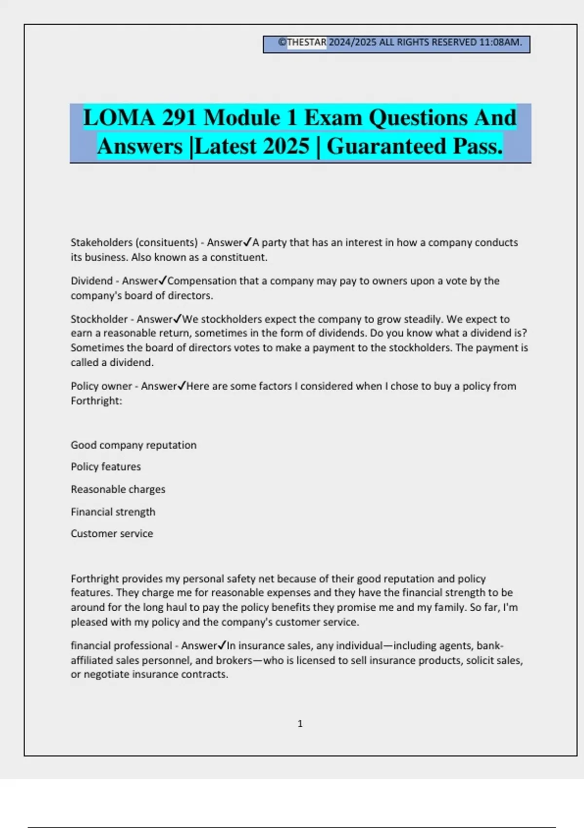 LOMA 291 Module 1 Exam Questions And Answers |Latest 2025 | Guaranteed ...