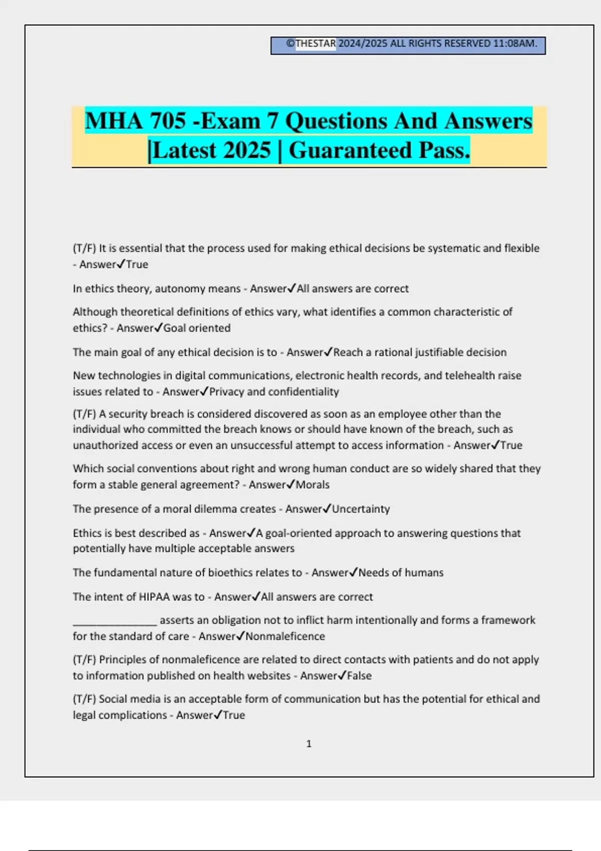 MHA 705 -Exam 7 Questions And Answers |Latest 2025 | Guaranteed Pass ...