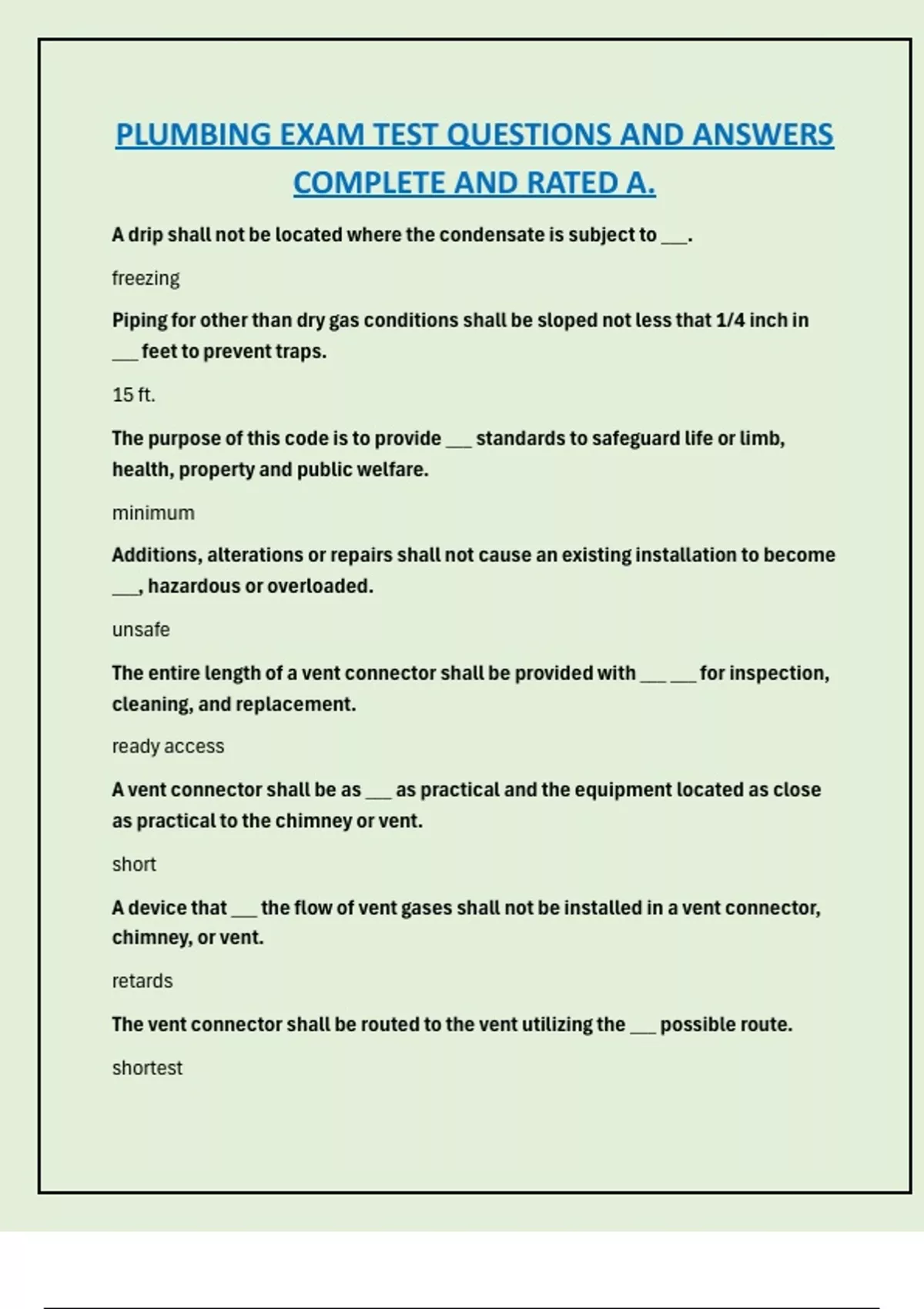 PLUMBING EXAM TEST QUESTIONS AND ANSWERS COMPLETE AND RATED A ...