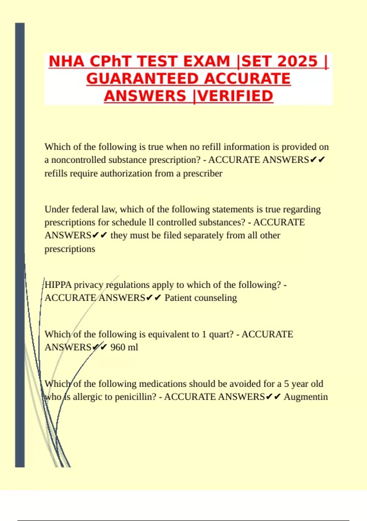 NHA CPhT TEST EXAM |SET 2025 |GUARANTEED ACCURATE ANSWERS |VERIFIED ...