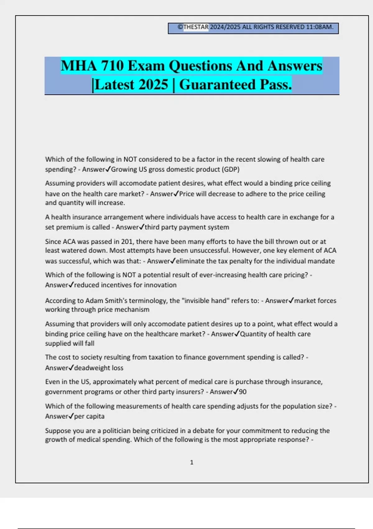 MHA 710 Exam Questions And Answers |Latest 2025 | Guaranteed Pass - MHA ...