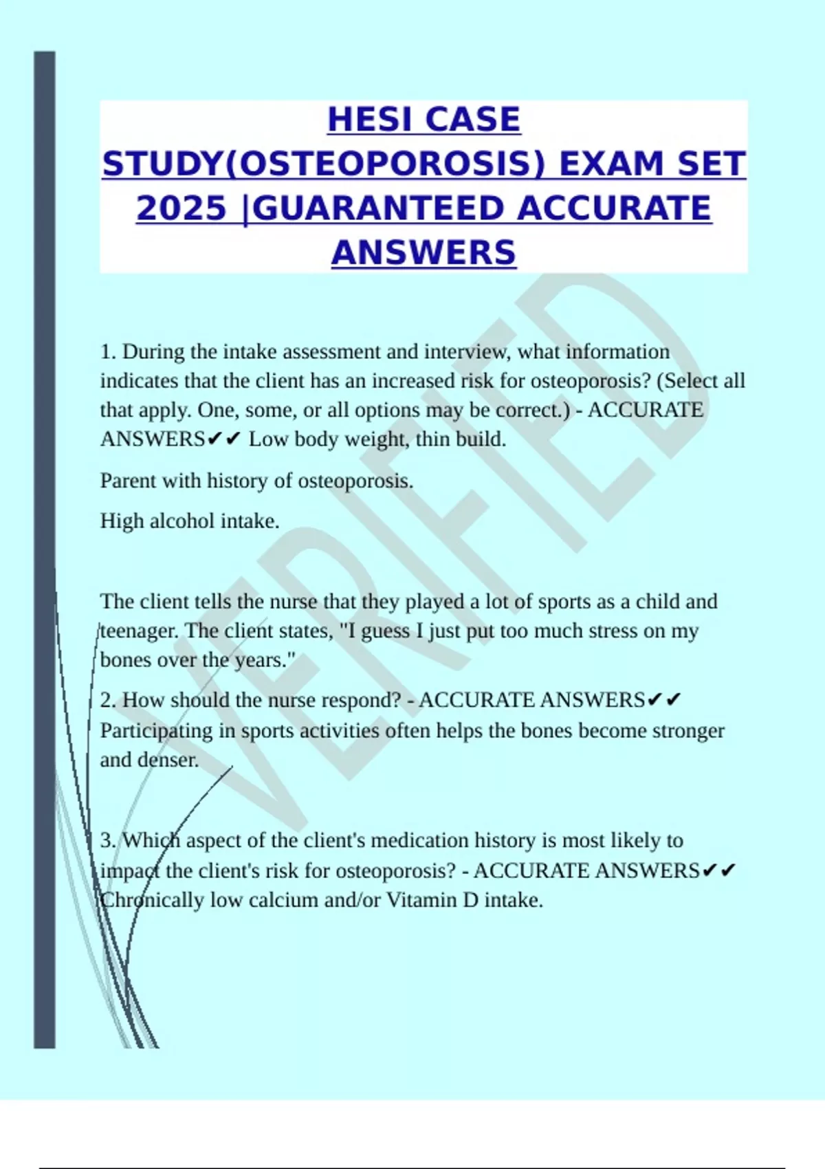 HESI CASE STUDY(OSTEOPOROSIS) EXAM SET 2025 |GUARANTEED ACCURATE ...