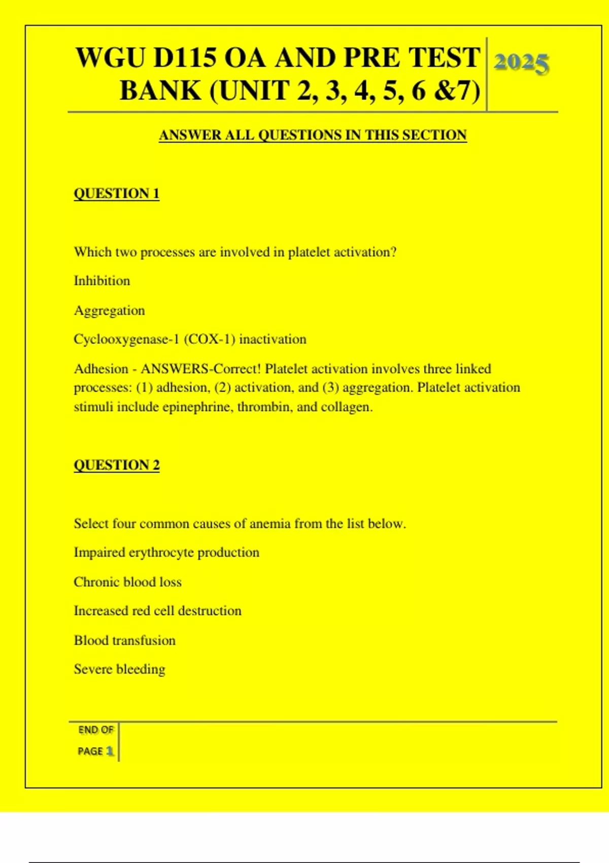 WGU D115 OA AND PRE TEST BANK (UNIT 2, 3, 4, 5, 6 &7) QUESTIONS AND ...