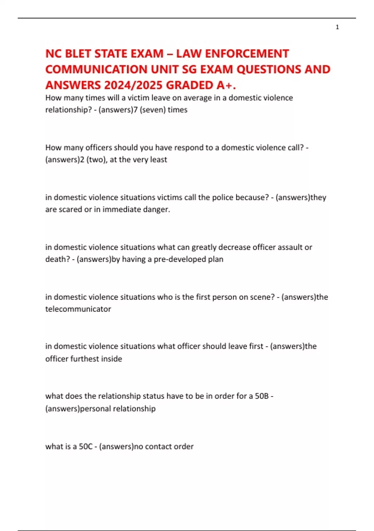 NC BLET STATE EXAM – LAW ENFORCEMENT COMMUNICATION UNIT SG EXAM ...