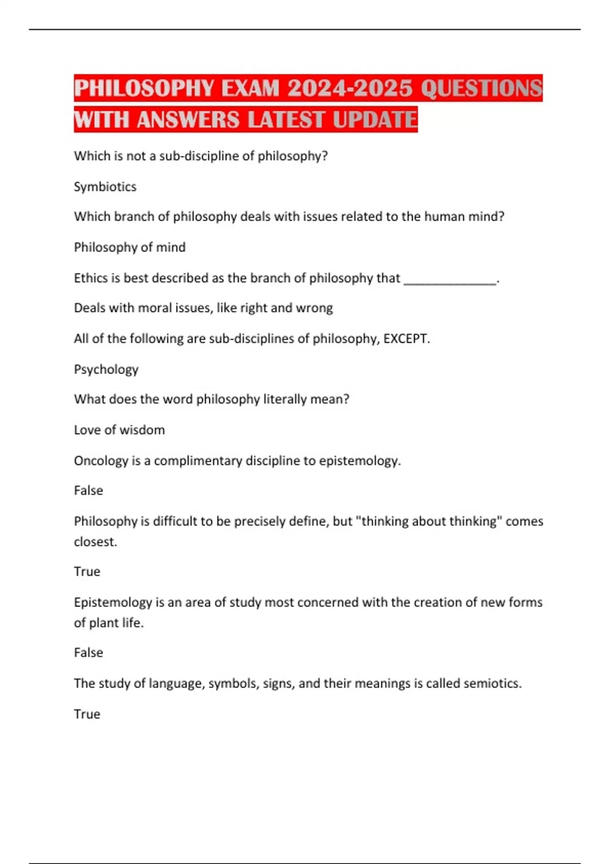 PHILOSOPHY EXAM QUESTIONS WITH ANSWERS LATEST UPDATE - PHILOSOPHY 2024 ...