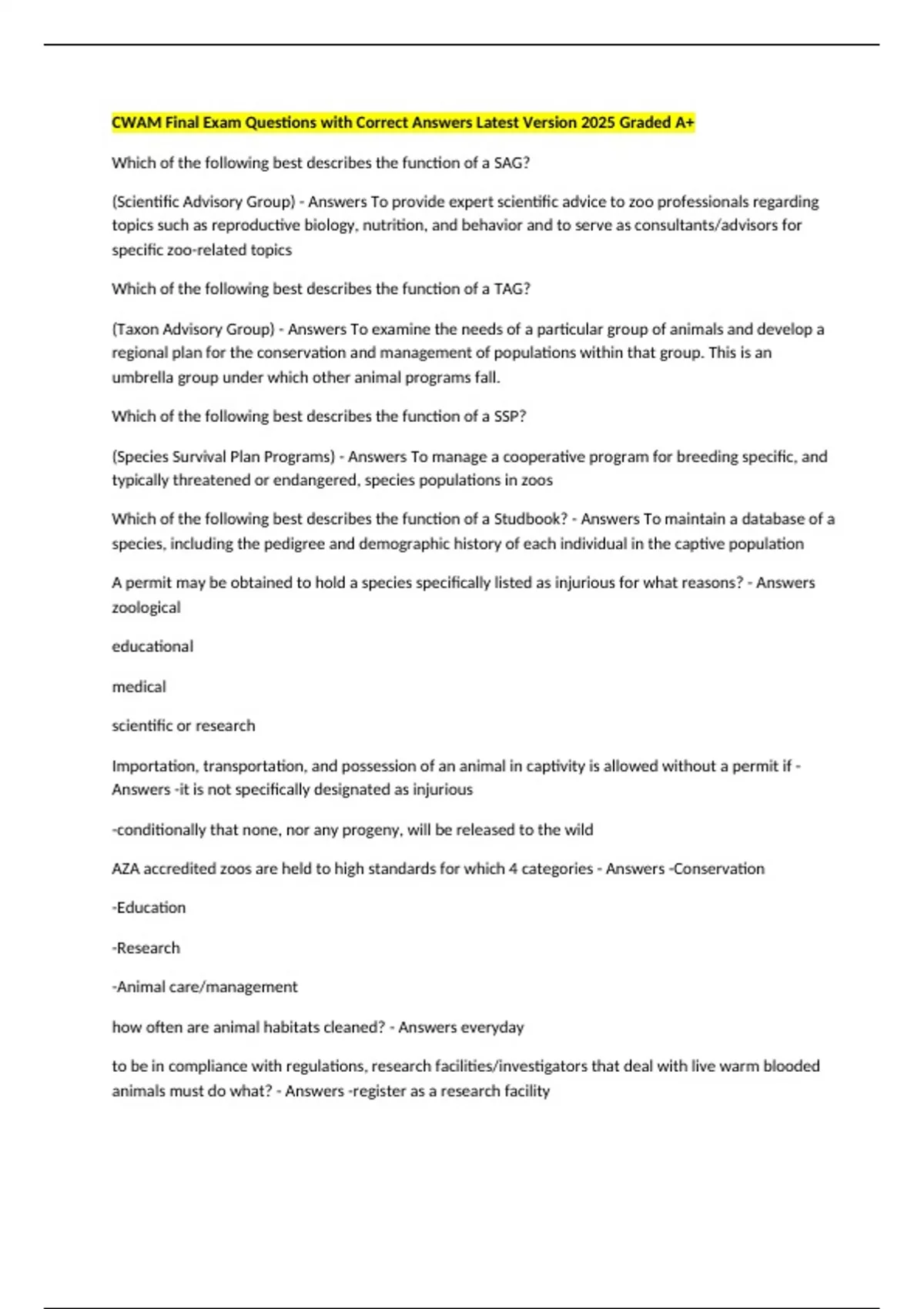 CWAM Final Exam Questions with Correct Answers Latest Version 2025 ...