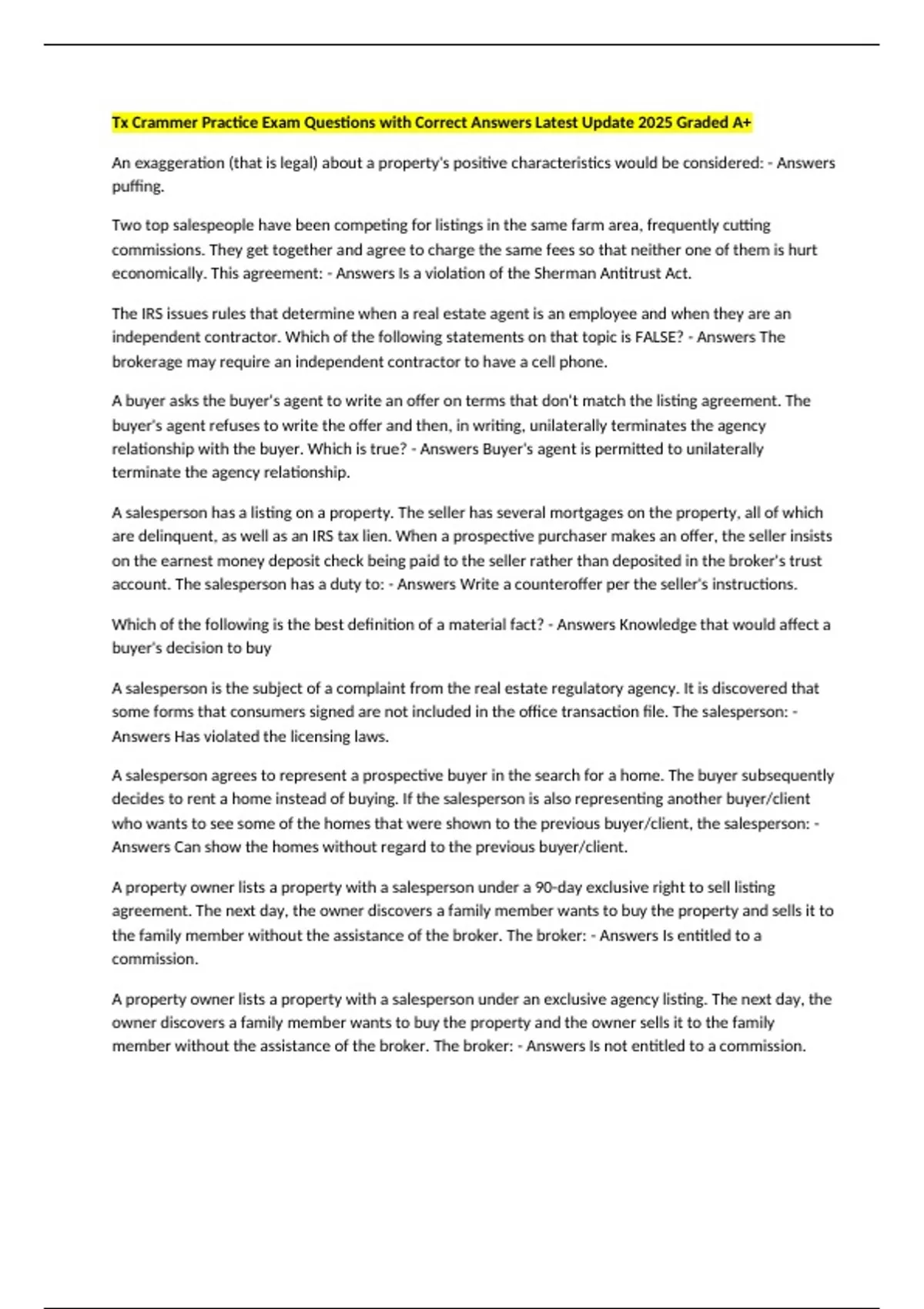 Tx Crammer Practice Exam Questions with Correct Answers Latest Update ...