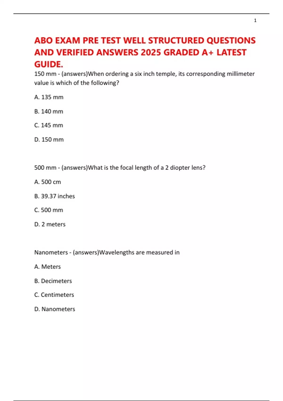 ABO EXAM PRE TEST WELL STRUCTURED QUESTIONS AND VERIFIED ANSWERS 2025 ...