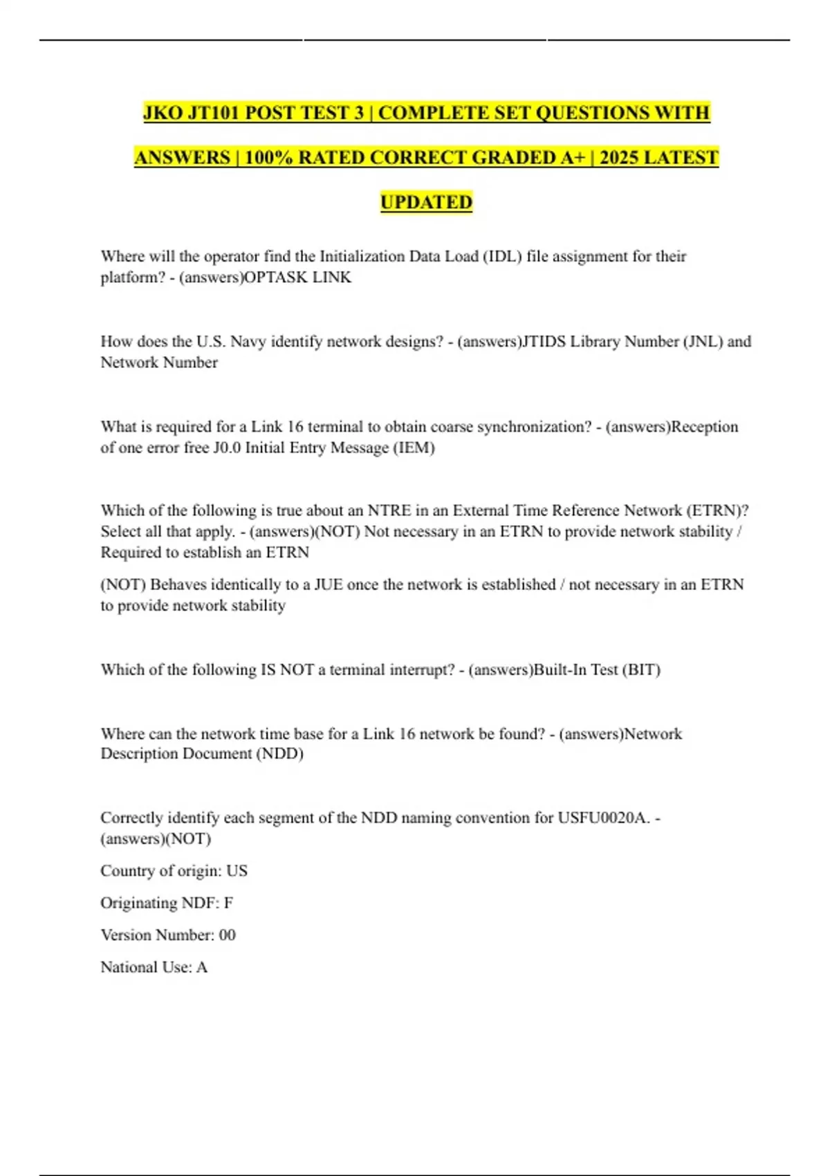 JKO JT101 POST TEST 3 | COMPLETE SET QUESTIONS WITH ANSWERS | 100% ...