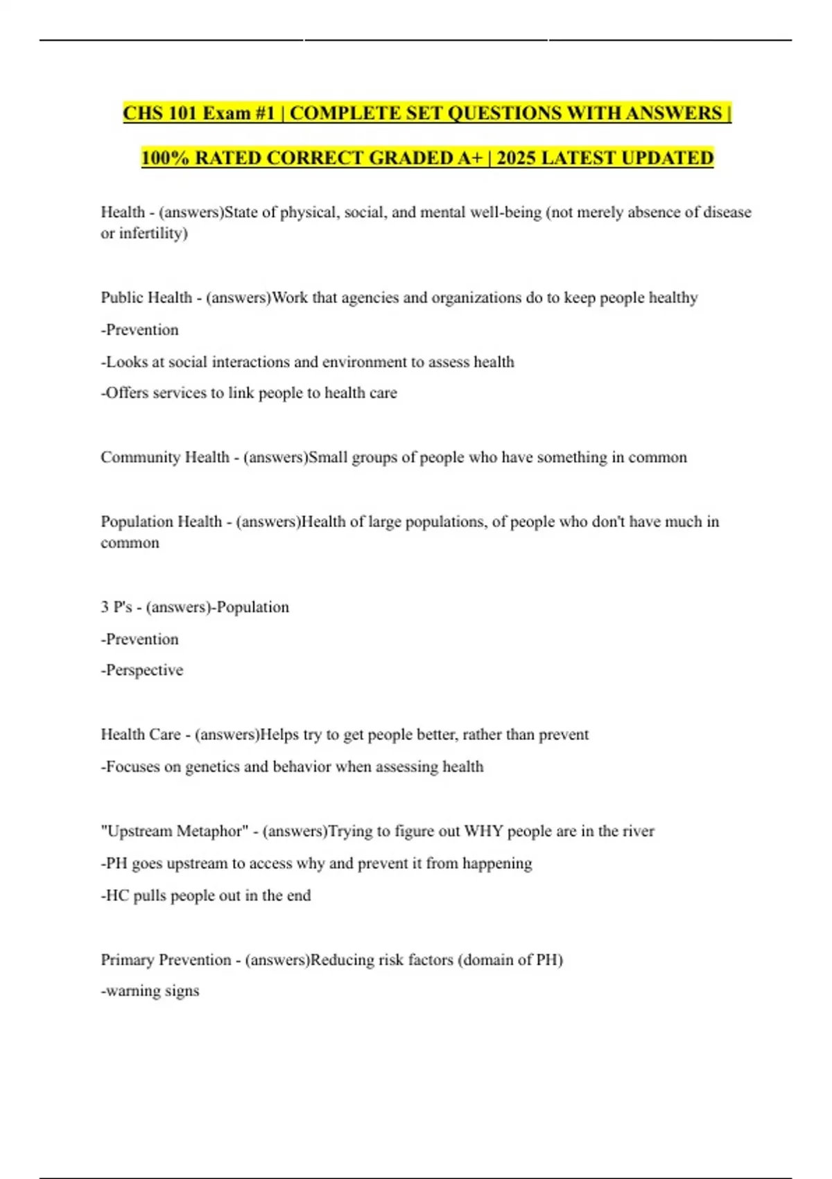 CHS 101 Exam #1 | COMPLETE SET QUESTIONS WITH ANSWERS | 100% RATED ...