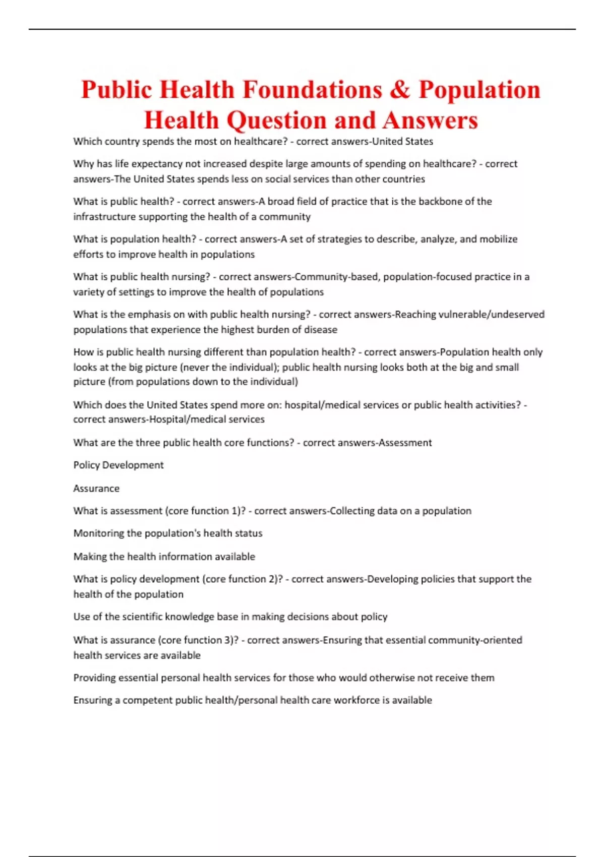 Public Health Foundations & Population Health Question and Answers ...