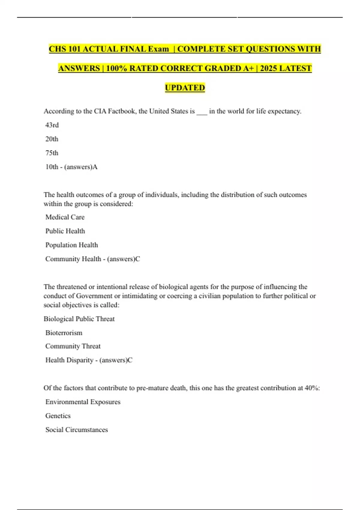 CHS 101 ACTUAL FINAL Exam | COMPLETE SET QUESTIONS WITH ANSWERS | 100% ...