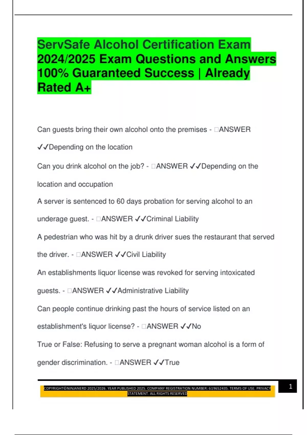 ServSafe Alcohol Certification Exam 2024/2025 Exam Questions and ...