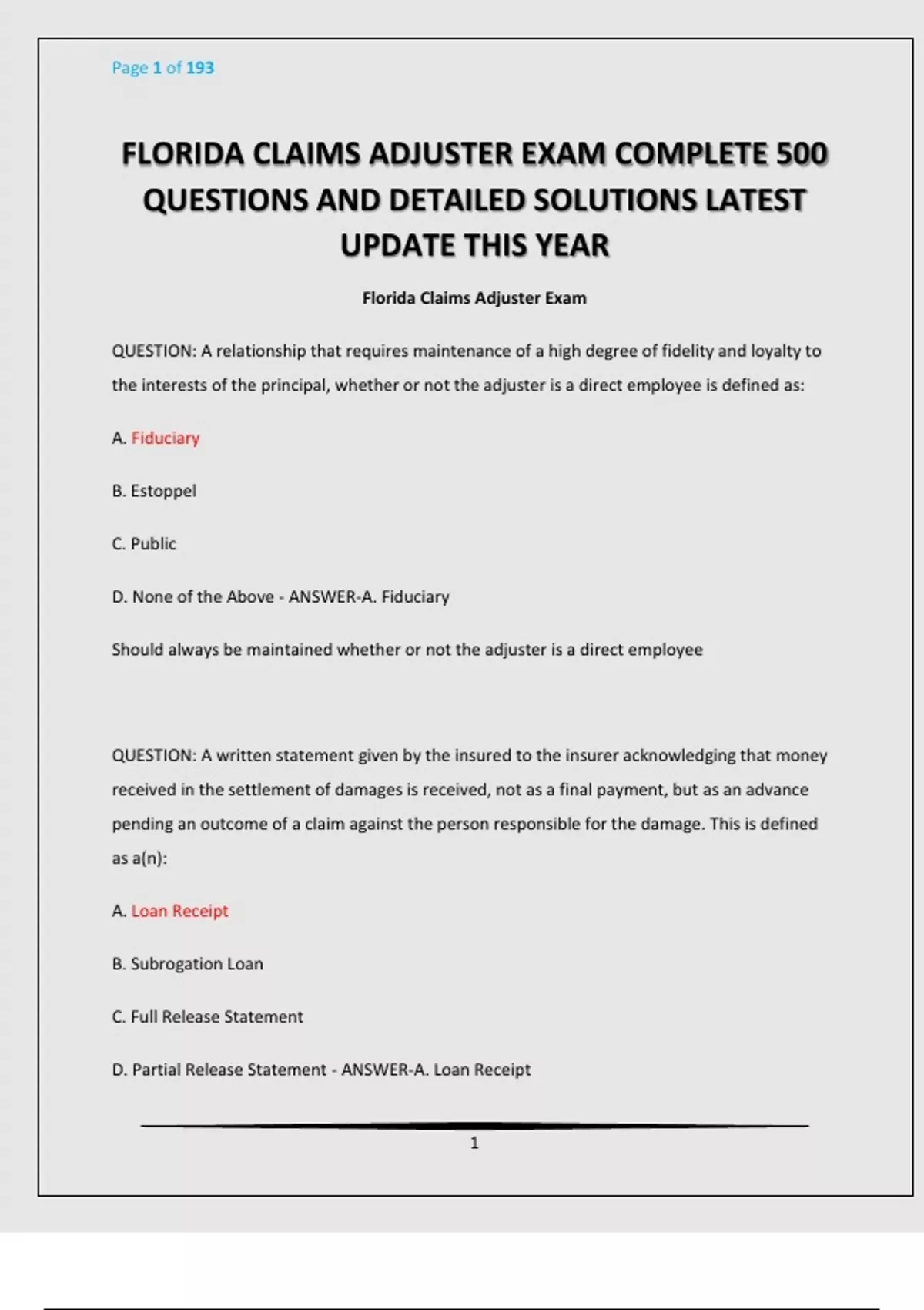 FLORIDA CLAIMS ADJUSTER EXAM COMPLETE 500 QUESTIONS AND DETAILED ...
