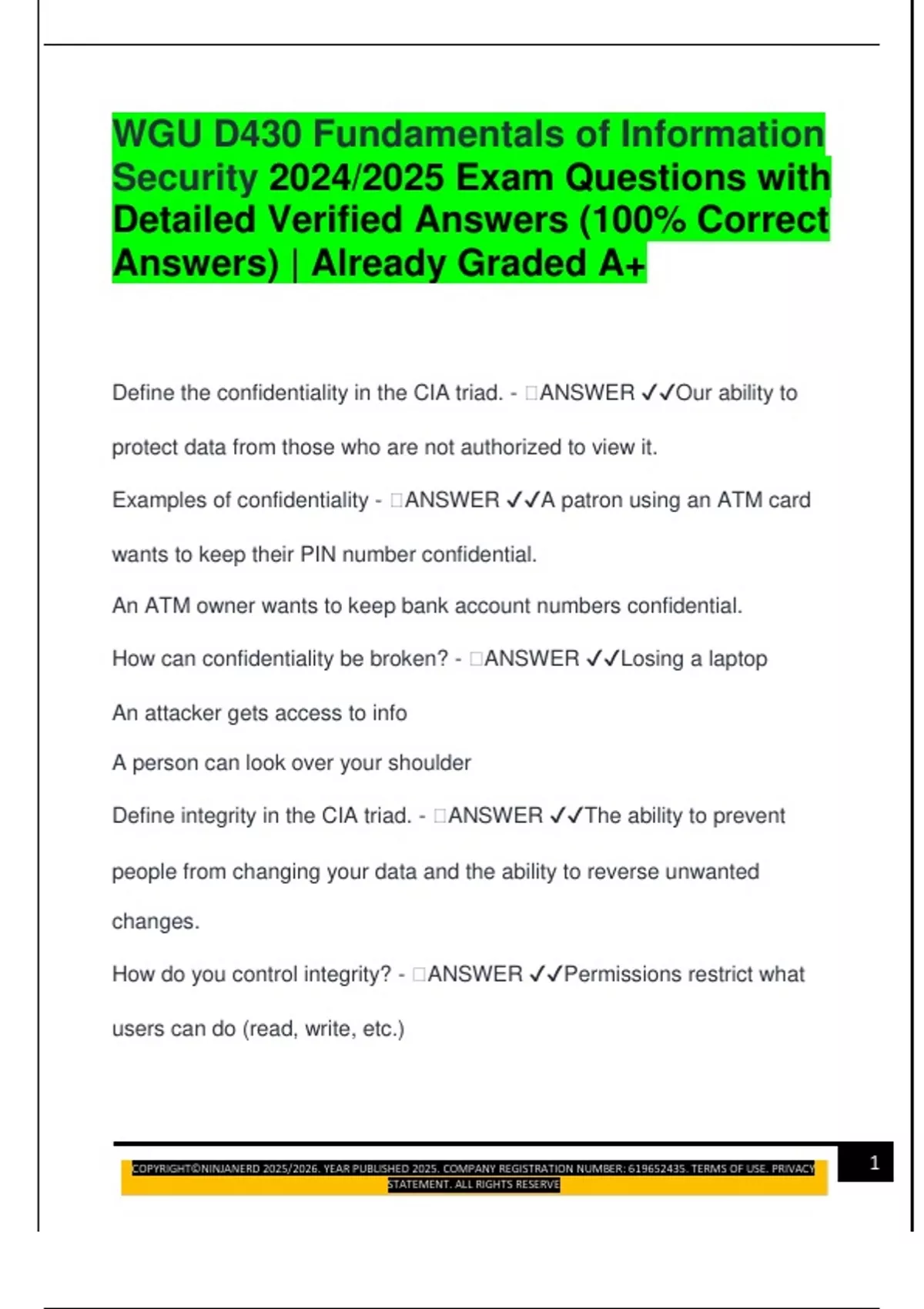 WGU D430 Fundamentals of Information Security 2024/2025 Exam Questions with Detailed Verified ...