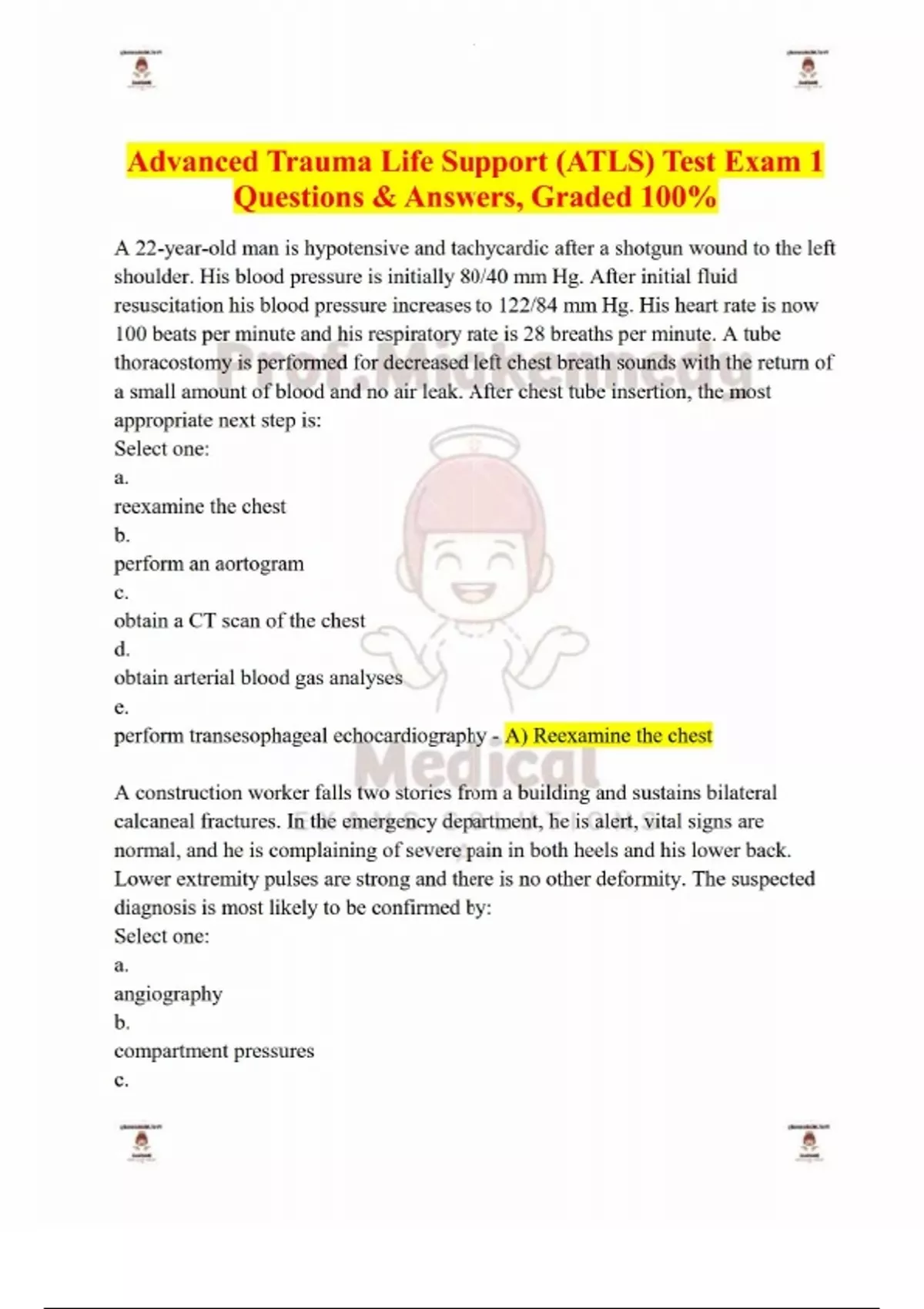 Advanced Trauma Life Support (ATLS) Test Exam 1 Questions & Answers ...