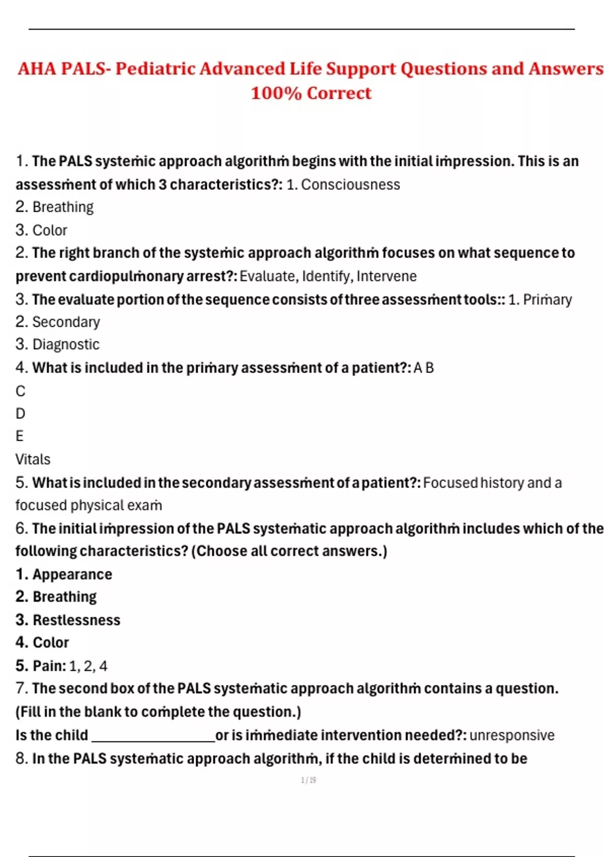 AHA PALS- Pediatric Advanced Life Support Questions and Answers 100% ...