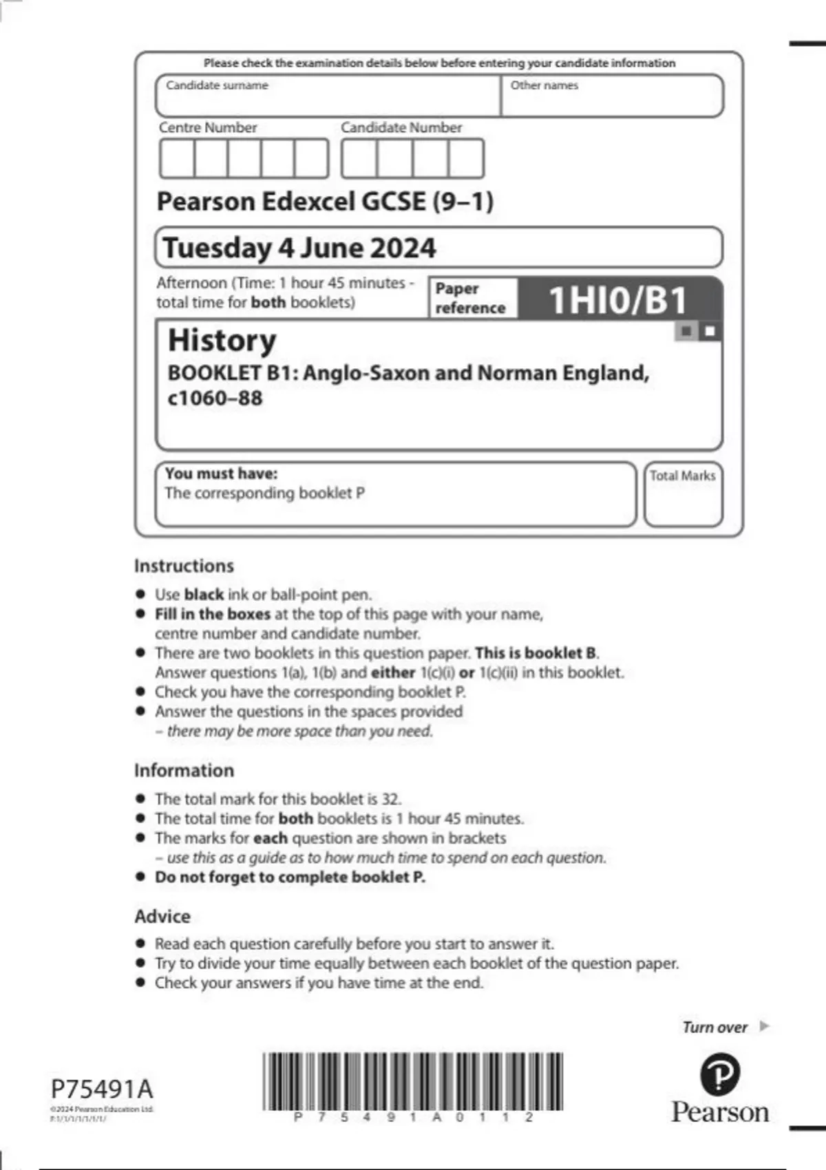 Pearson Edexcel GCSE HISTORY Paper B1 (1hi0-b1) June 2024 QUESTION ...