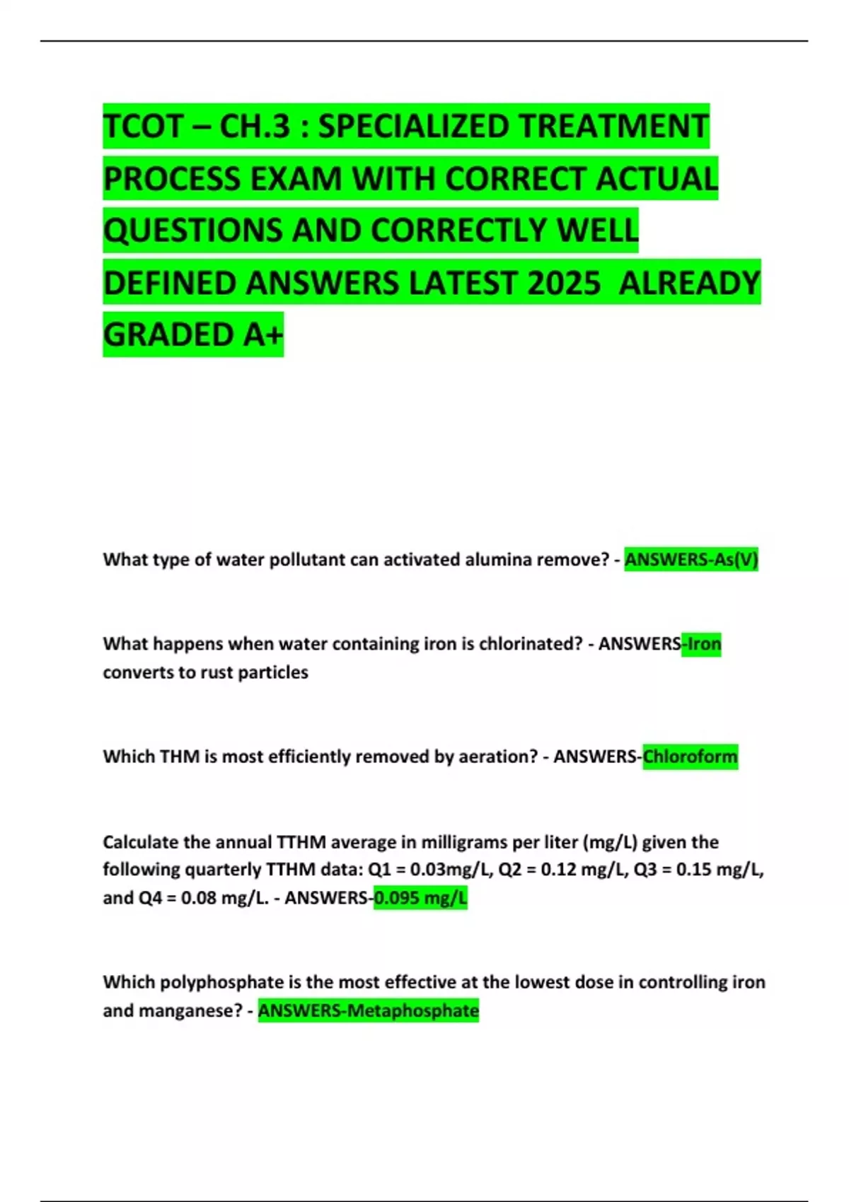 TCOT – CH.3 : SPECIALIZED TREATMENT PROCESS EXAM WITH CORRECT ACTUAL ...