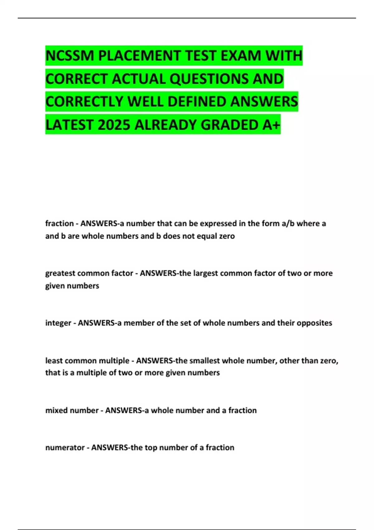 NCSSM PLACEMENT TEST EXAM WITH CORRECT ACTUAL QUESTIONS AND CORRECTLY ...
