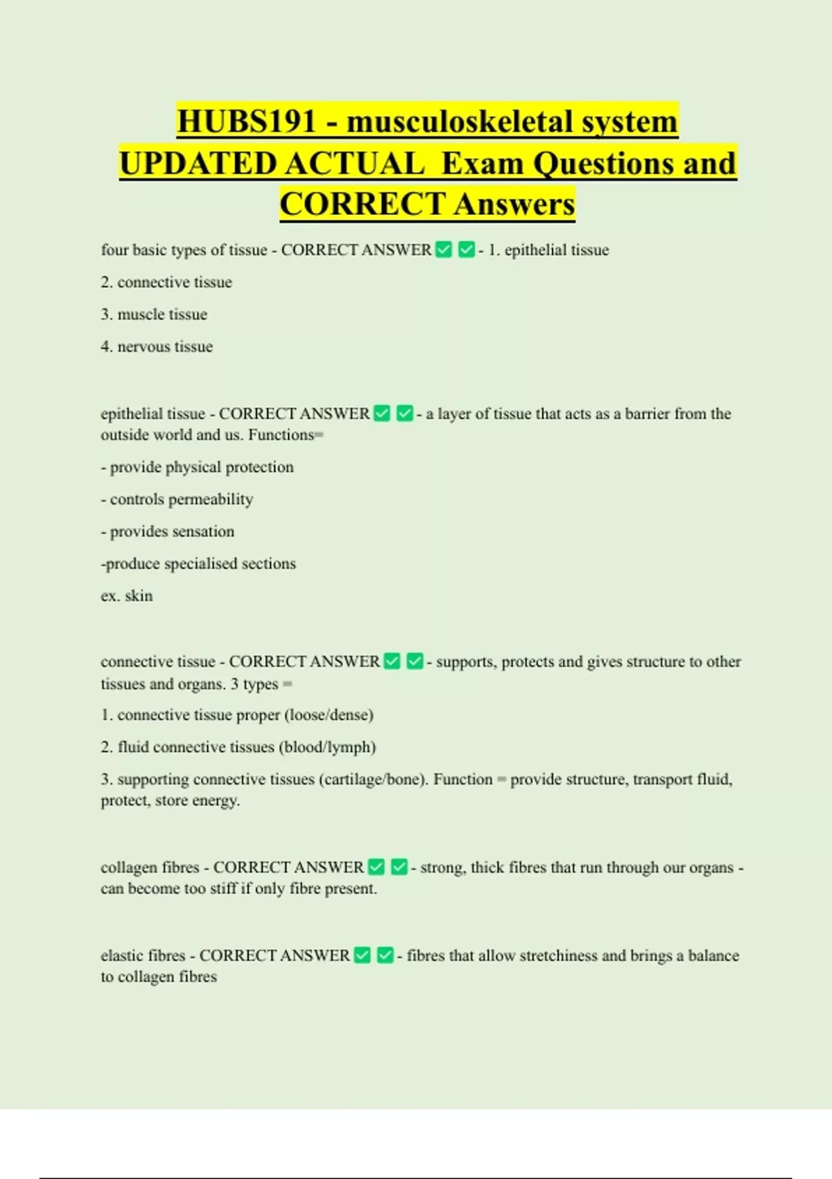 HUBS191 - musculoskeletal system UPDATED ACTUAL Exam Questions and ...