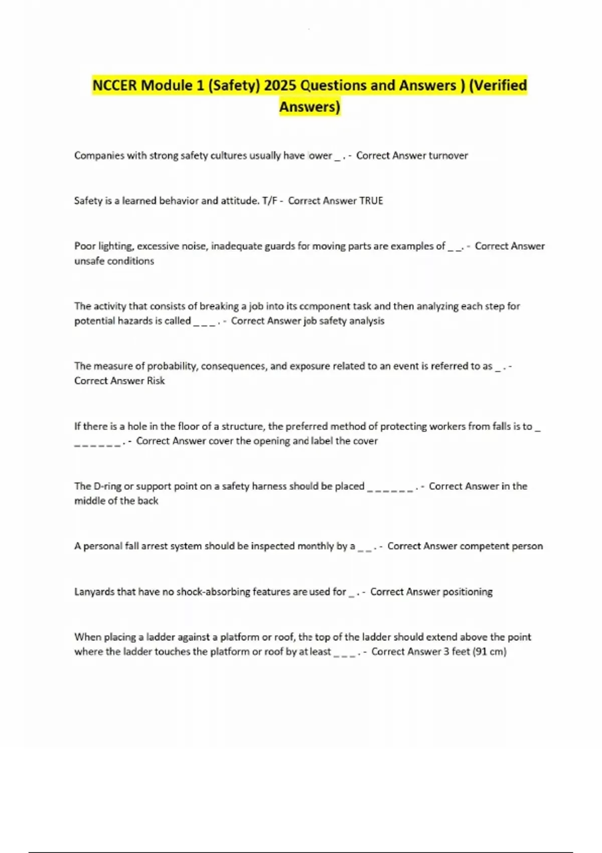 NCCER Module 1 (Safety) 2025 Questions and Answers ) (Verified Answers ...