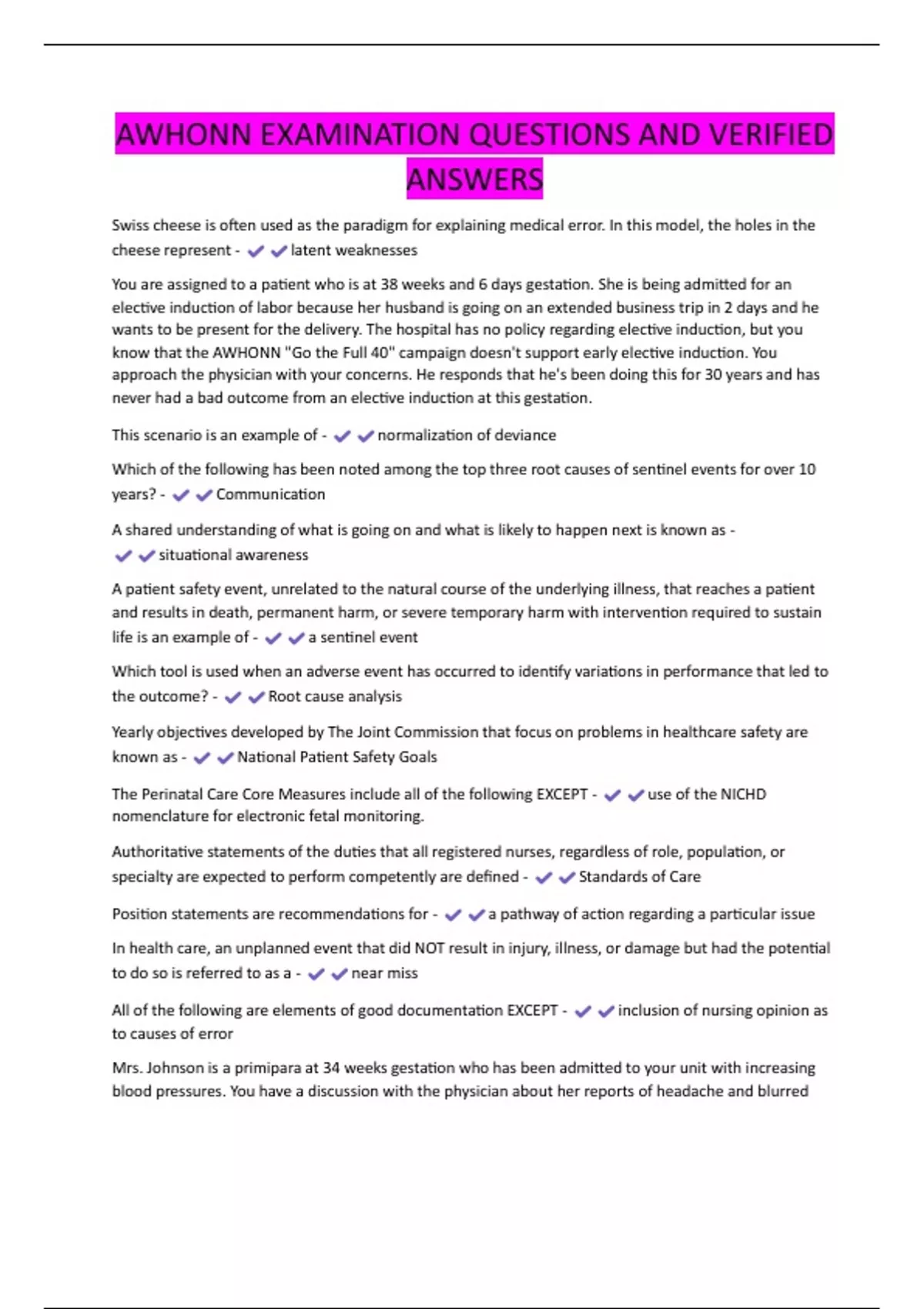 AWHONN prep ASSESSMENT GUIDE WITH VERIFIED ANSWERS (the latest quizzes ...