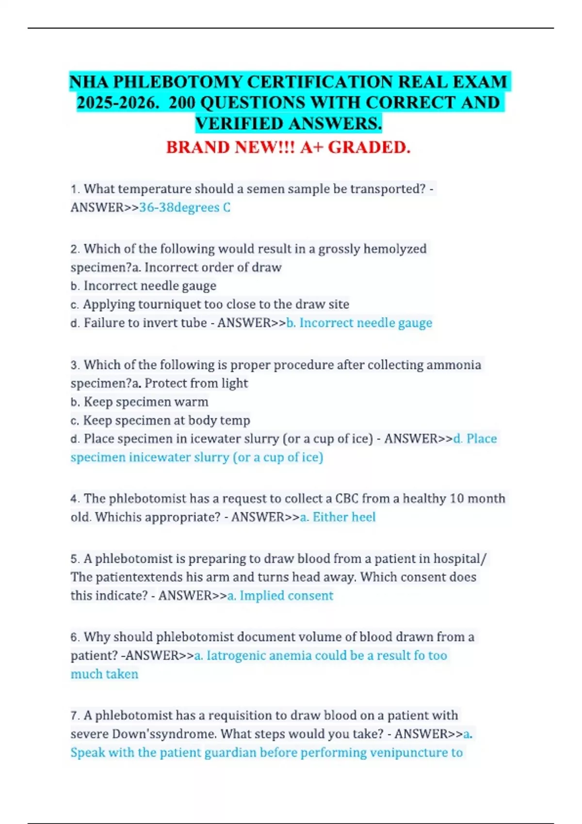 NHA PHLEBOTOMY CERTIFICATION REAL EXAM . 200 QUESTIONS WITH CORRECT AND ...