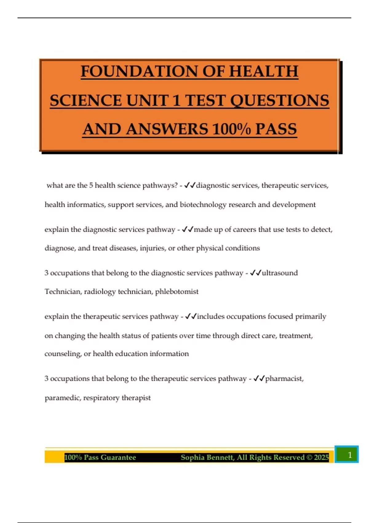 FOUNDATION OF HEALTH SCIENCE UNIT 1 TEST QUESTIONS AND ANSWERS 100% ...