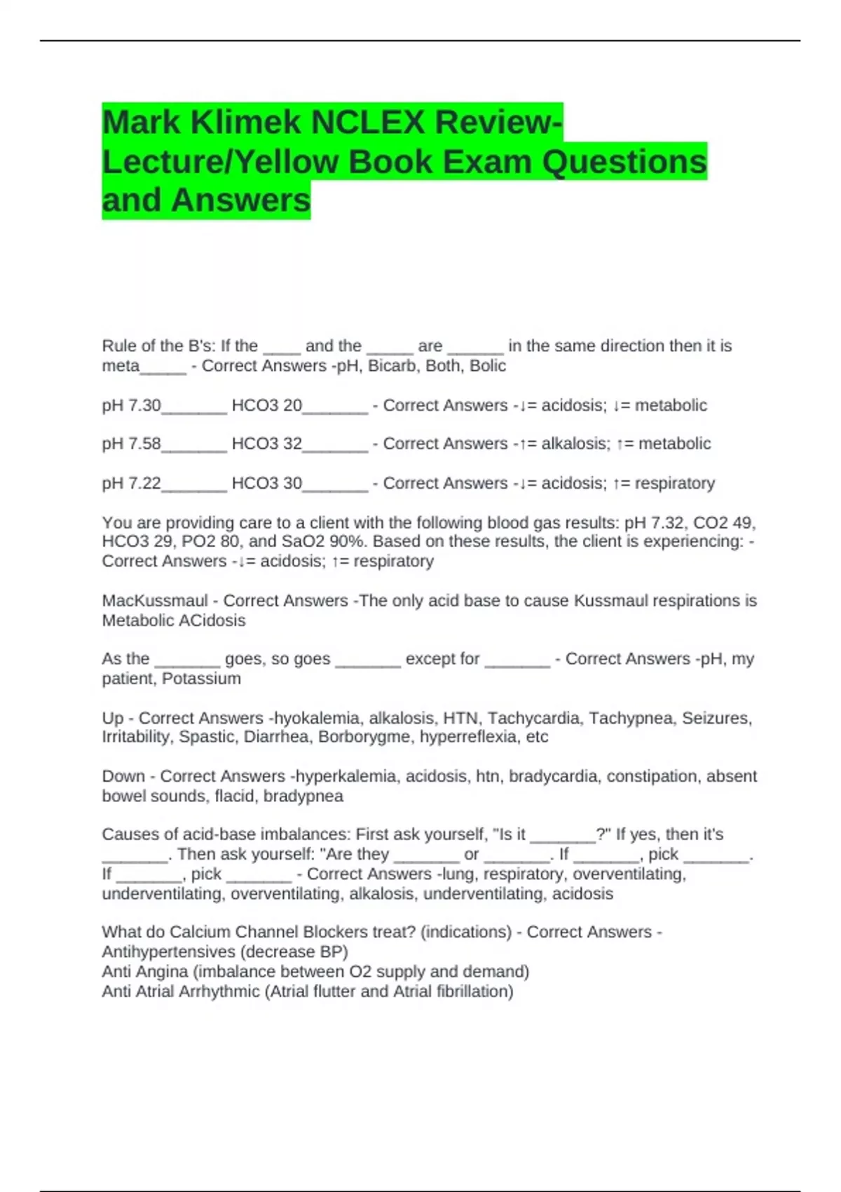 Mark Klimek NCLEX Review- Lecture/Yellow Book Exam Questions and ...