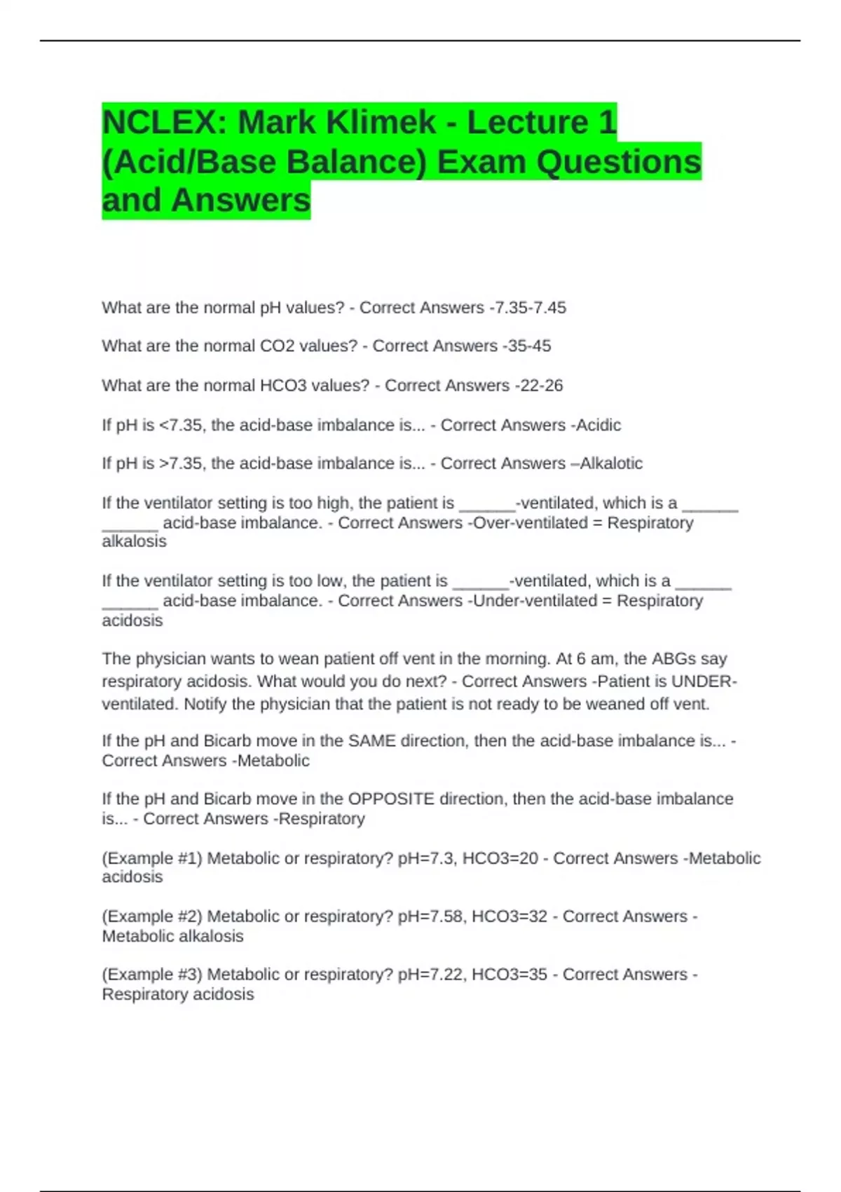 NCLEX Mark Klimek - Lecture 1 (Acid-Base Balance) Exam Questions and Answers - NCLEX: Klimek ...