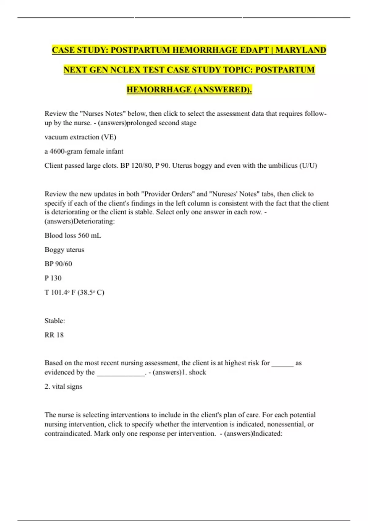 CASE STUDY: POSTPARTUM HEMORRHAGE EDAPT | MARYLAND NEXT GEN NCLEX TEST ...