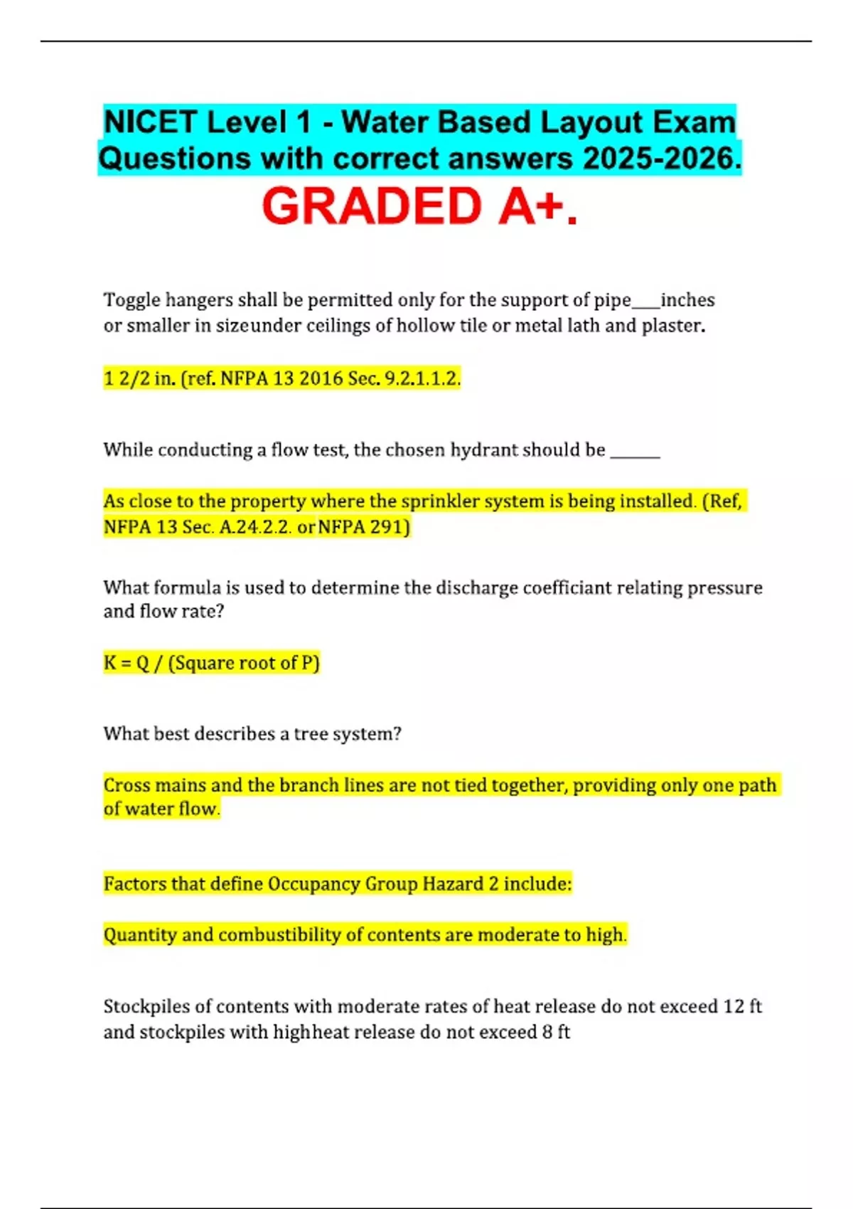 NICET Level 1 - Water Based Layout Exam Questions with correct answers ...