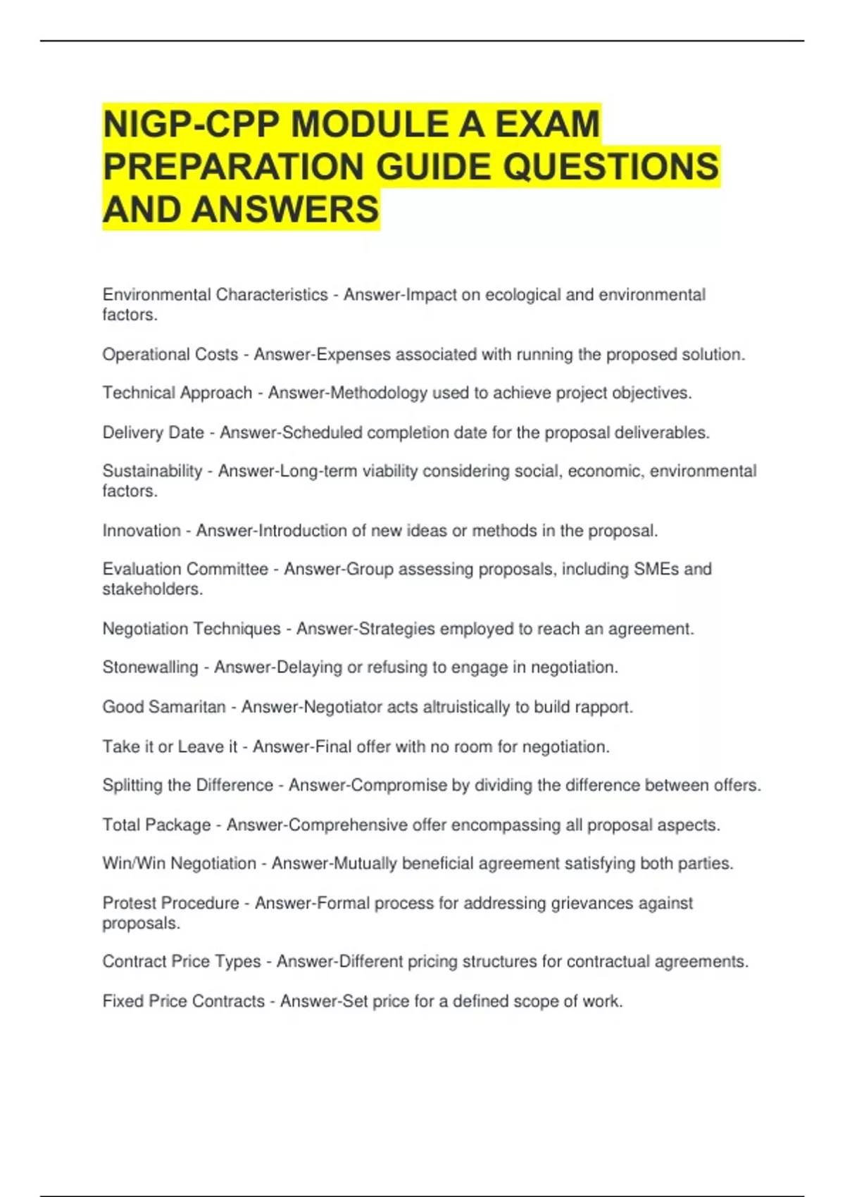 NIGP-CPP MODULE A EXAM PREPARATION GUIDE QUESTIONS AND ANSWERS - NIGP-CPP - Stuvia US