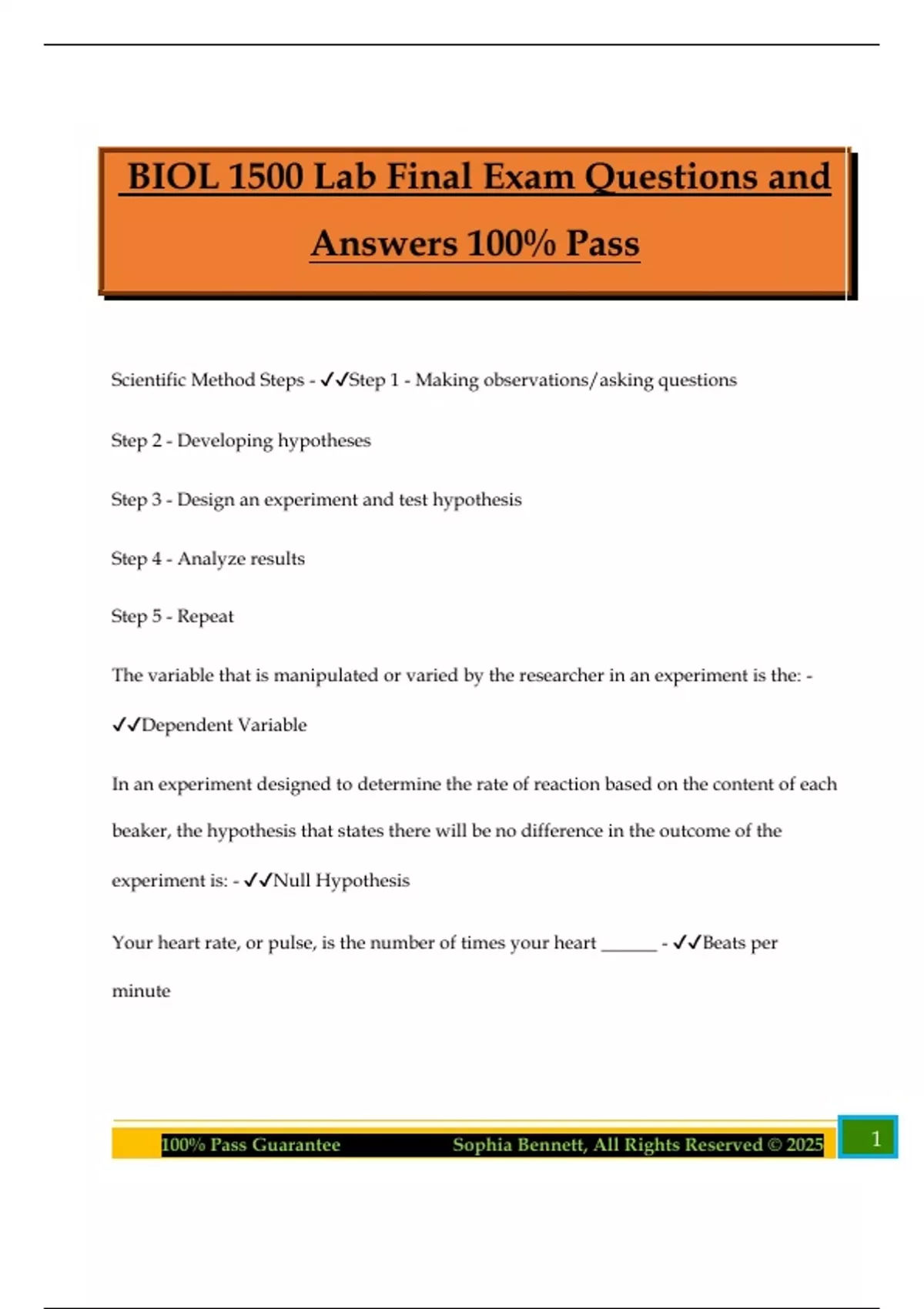 BIOL 1500 Lab Final Exam Questions and Answers 100% Pass - Biology 1500 ...
