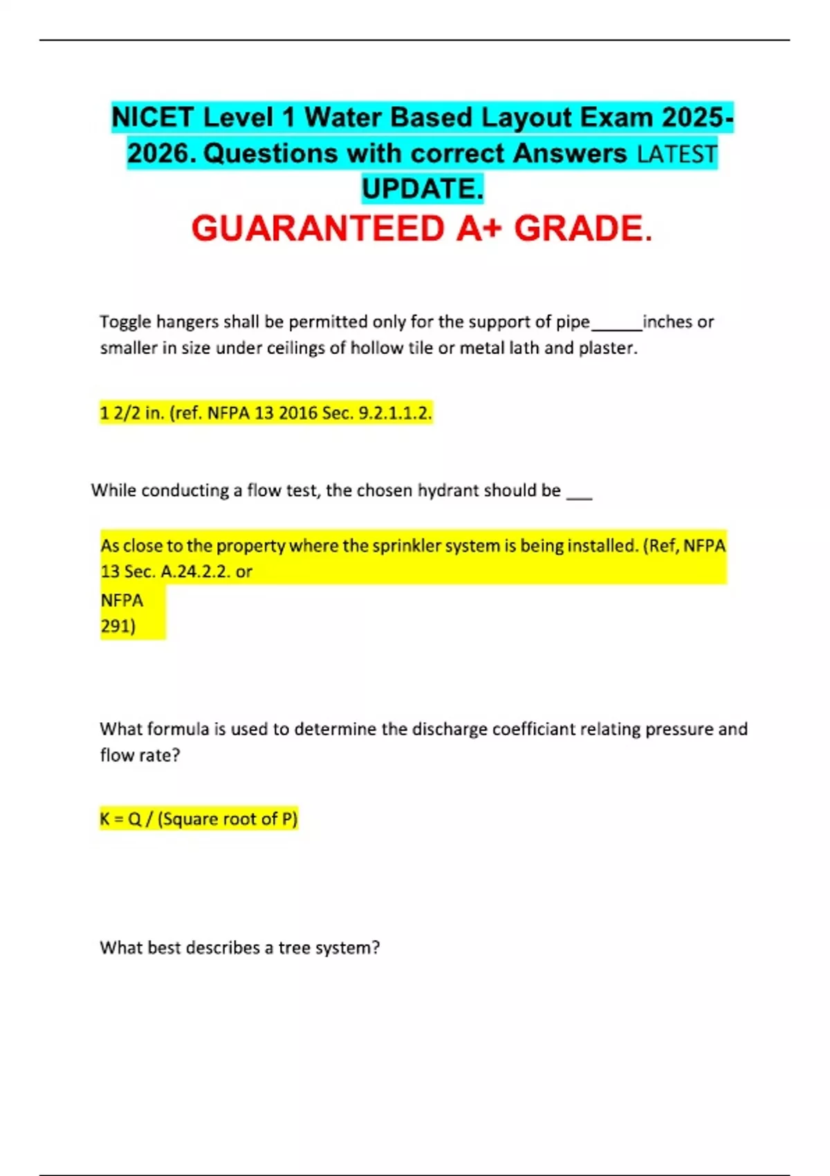 NICET Level 1 Water Based Layout Exam . Questions with correct Answers ...