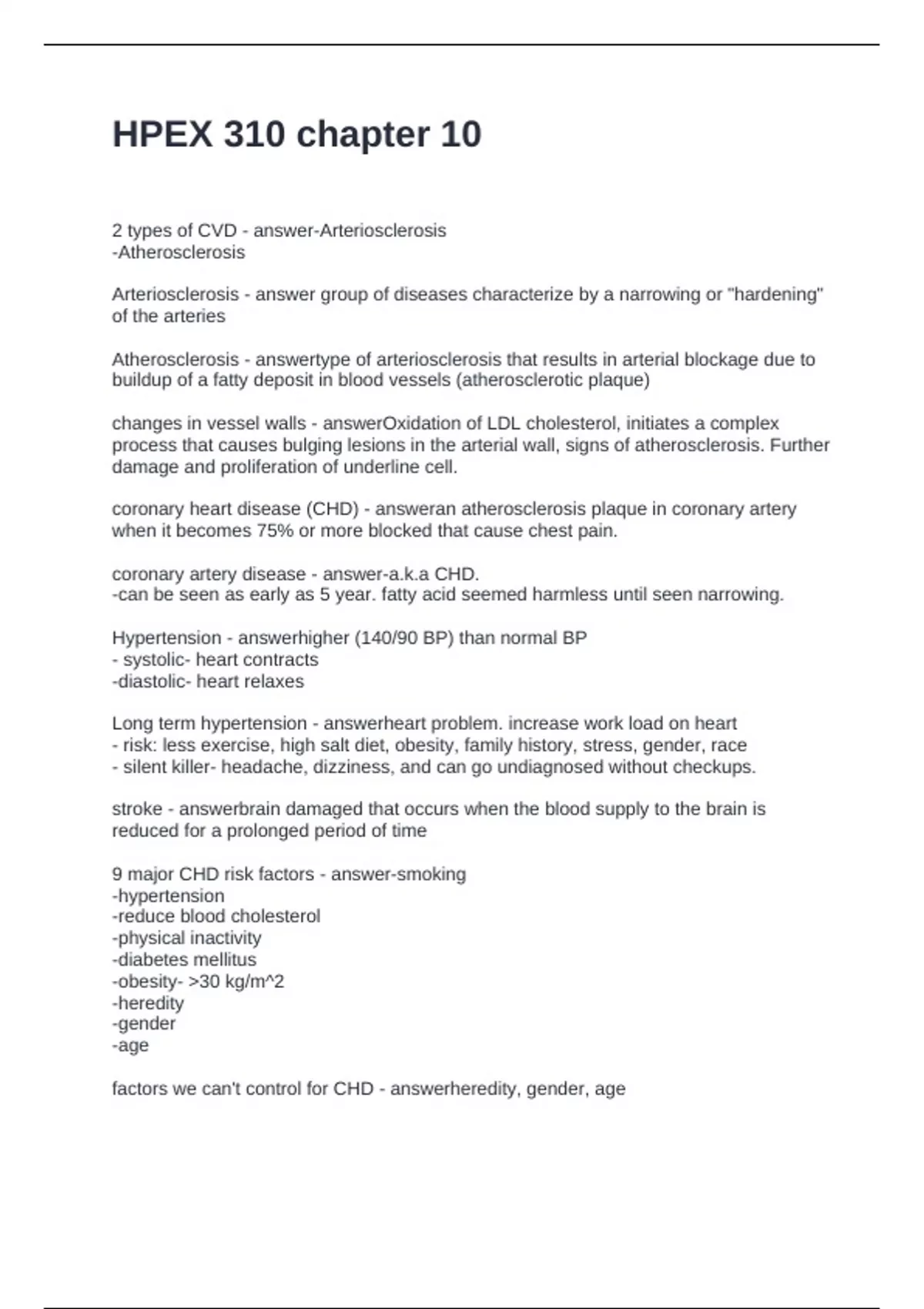 HPEX 310 chapter 10 Questions and Answers Correct - HPEX 310 - Stuvia US