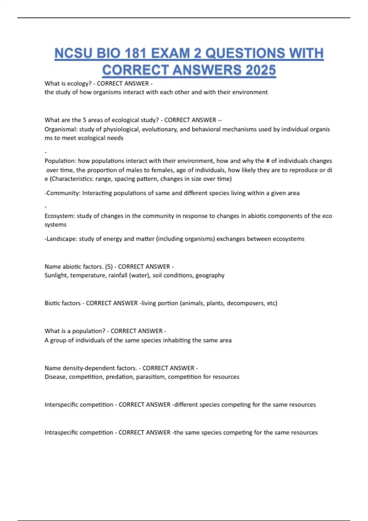 NCSU BIO 181 EXAM 2 QUESTIONS WITH CORRECT ANSWERS 2025 - BIO 181 ...