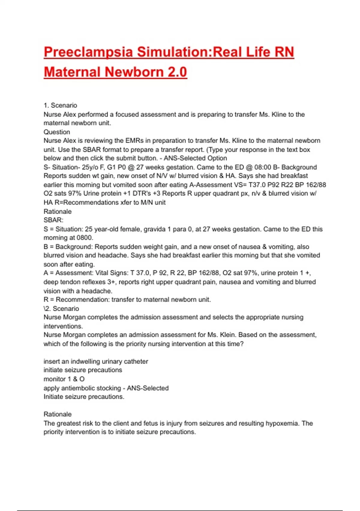 Preeclampsia Simulation Real Life RN Maternal Newborn 2.0 Exam 2025/ ...