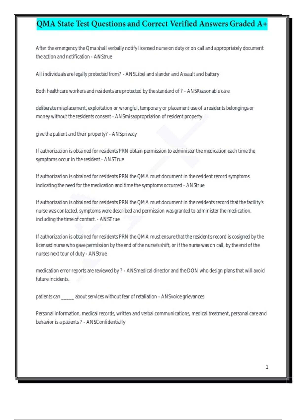 QMA State Test Questions and Correct Verified Answers Graded A+ - QMA ...