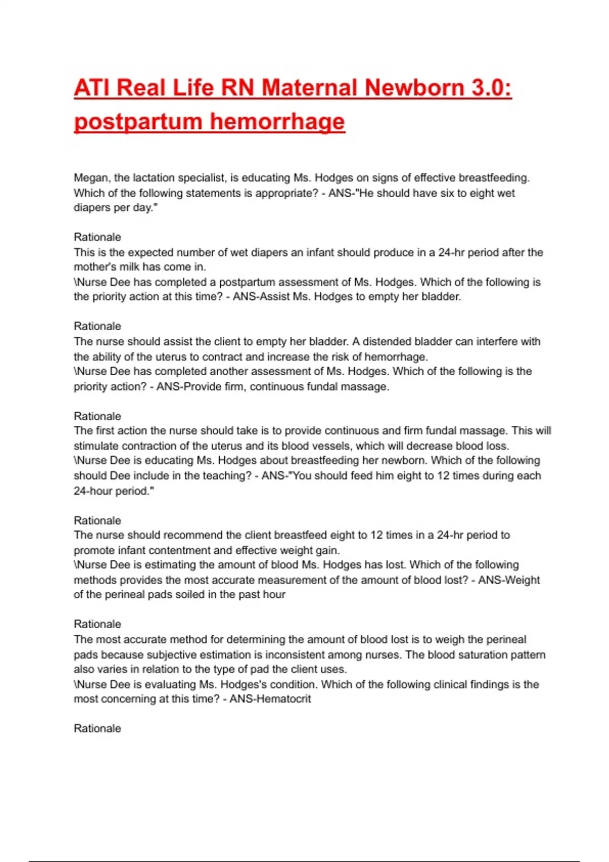 ATI Real Life RN Maternal Newborn 3.0 postpartum hemorrhage Exam 2025/ ...
