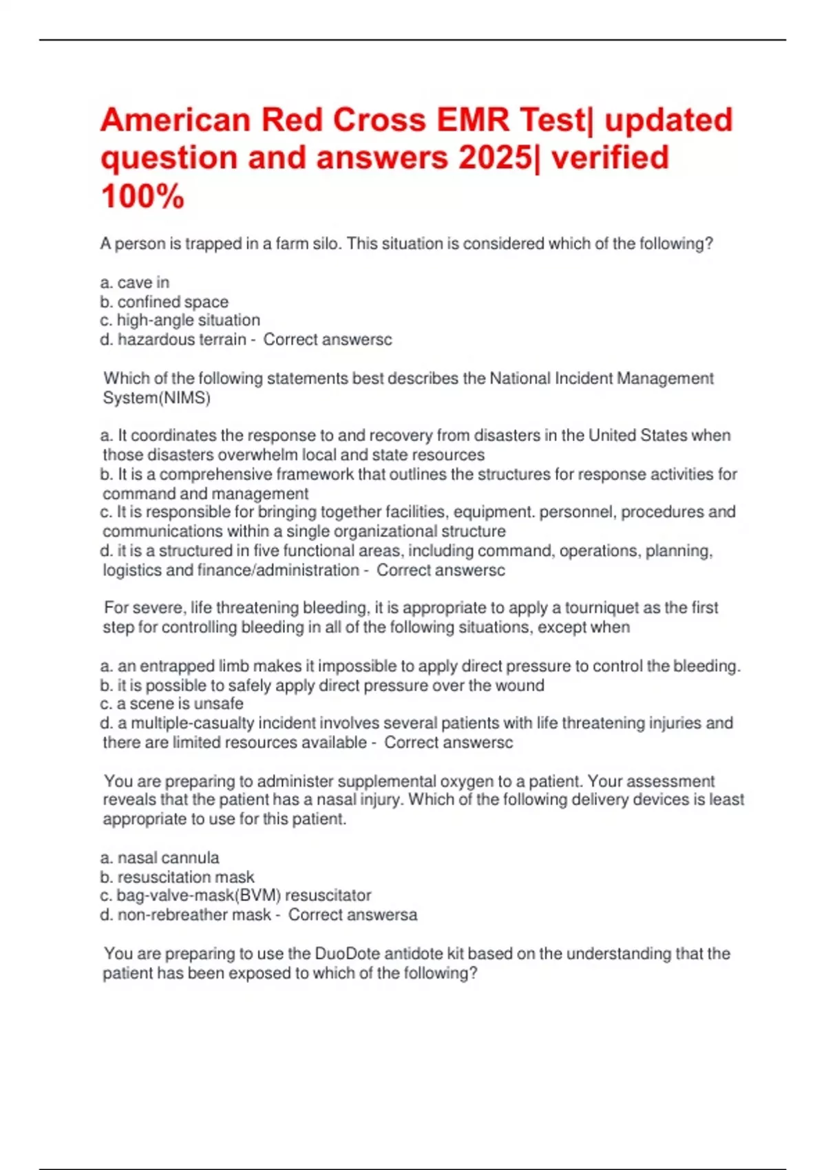 American Red Cross EMR Test| updated question and answers 2025 ...
