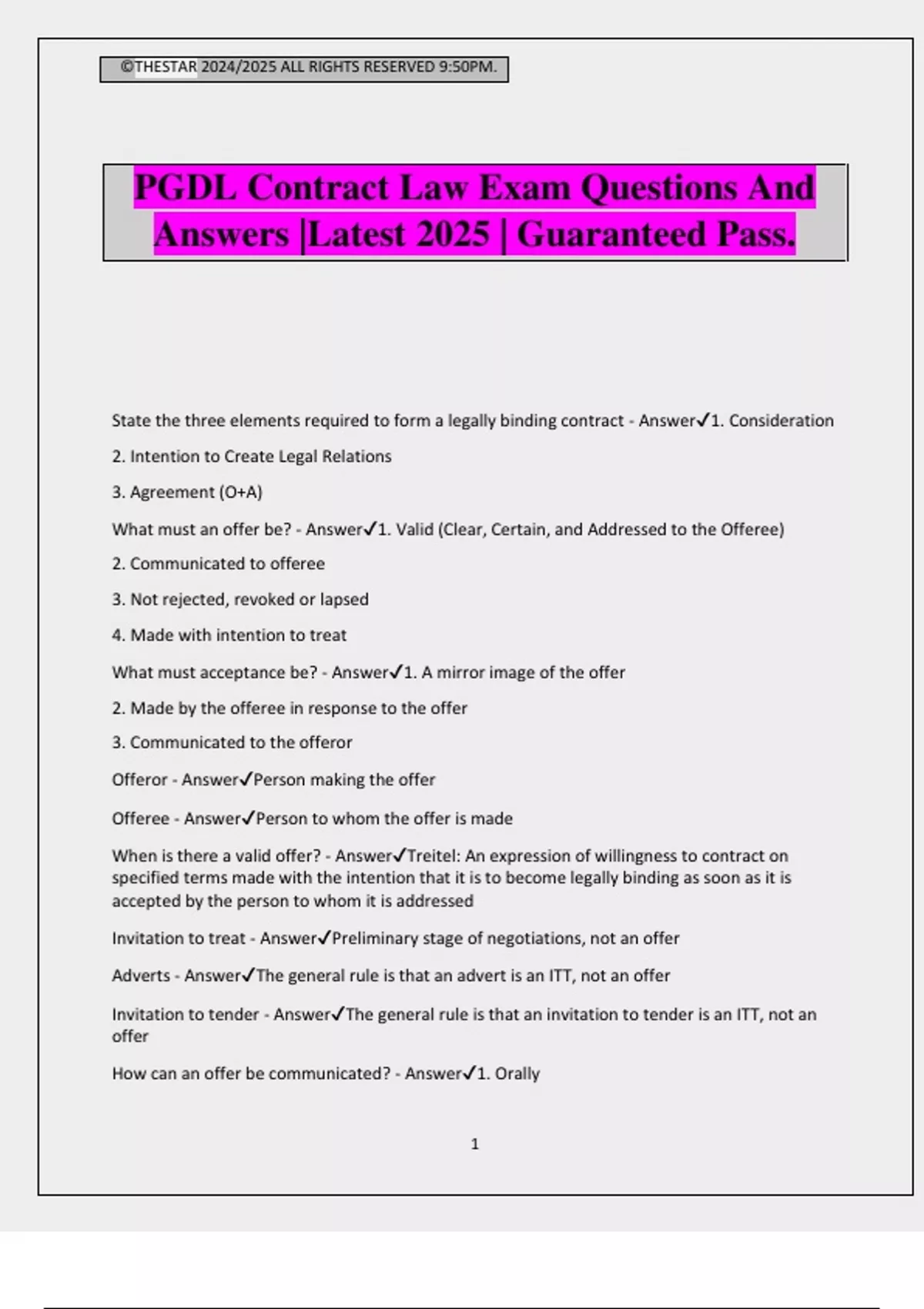 PGDL Contract Law Exam Questions And Answers |Latest 2025 | Guaranteed ...