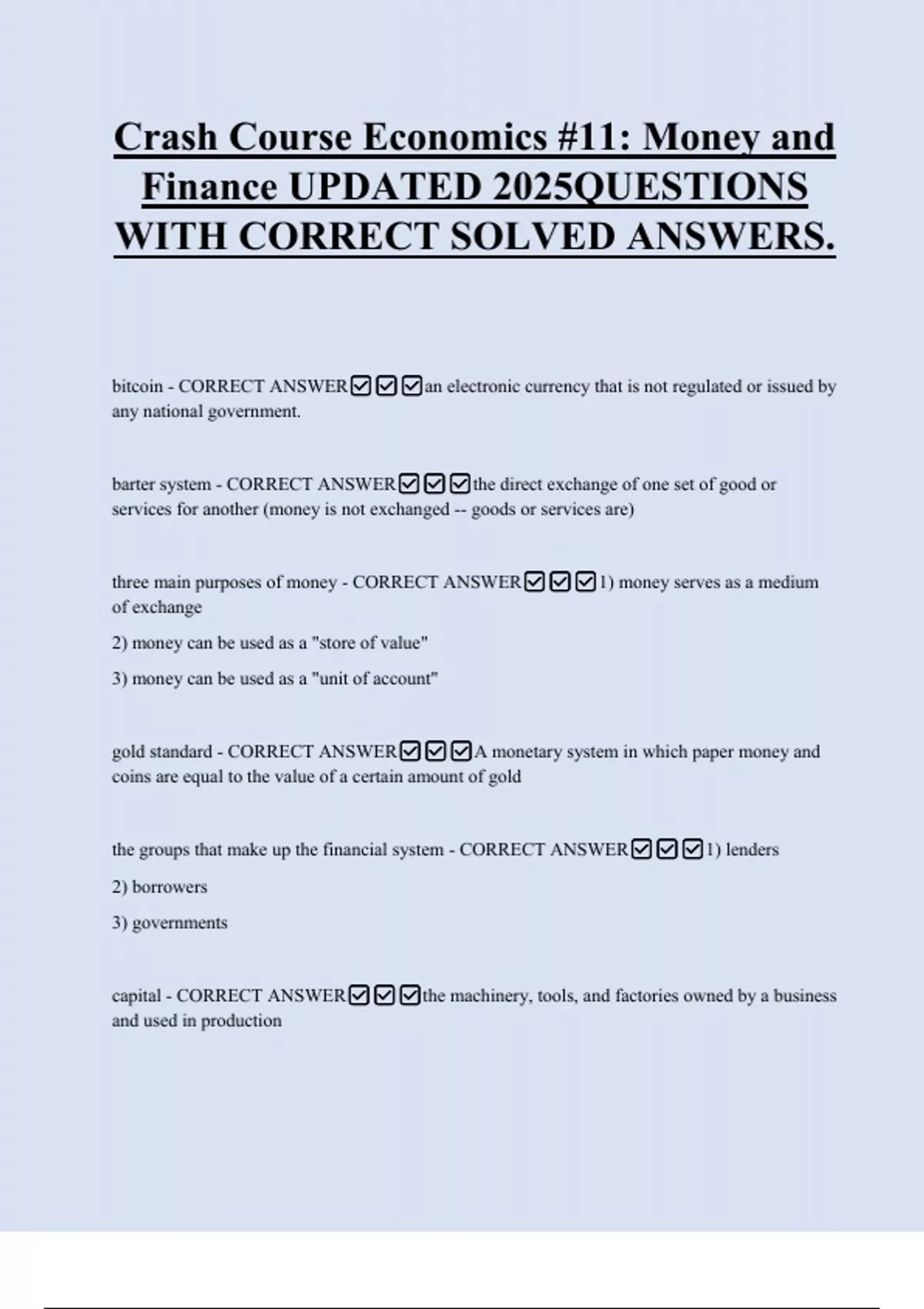 Crash Course Economics #11: Money and Finance UPDATED 2025QUESTIONS ...