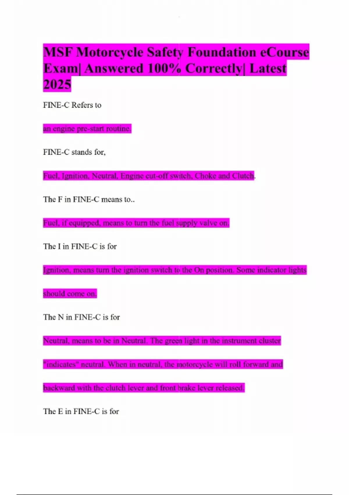 MSF Motorcycle Safety Foundation eCourse Exam| Answered 100% Correctly ...