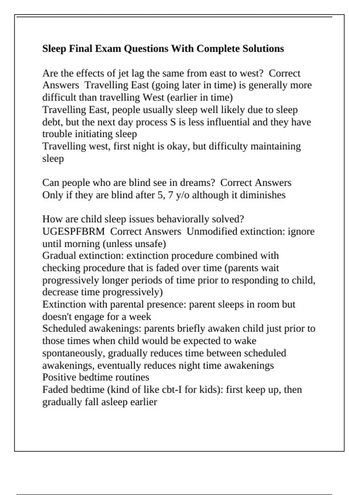 Sleep Final Exam Questions With Complete Solutions - Sleep - Stuvia US